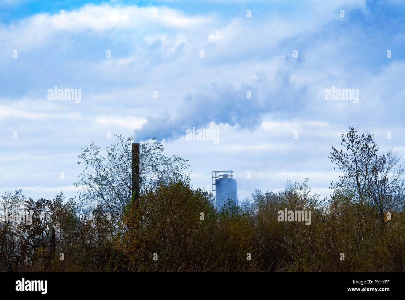 smoke, air emissions from an industrial pipe against green trees ...