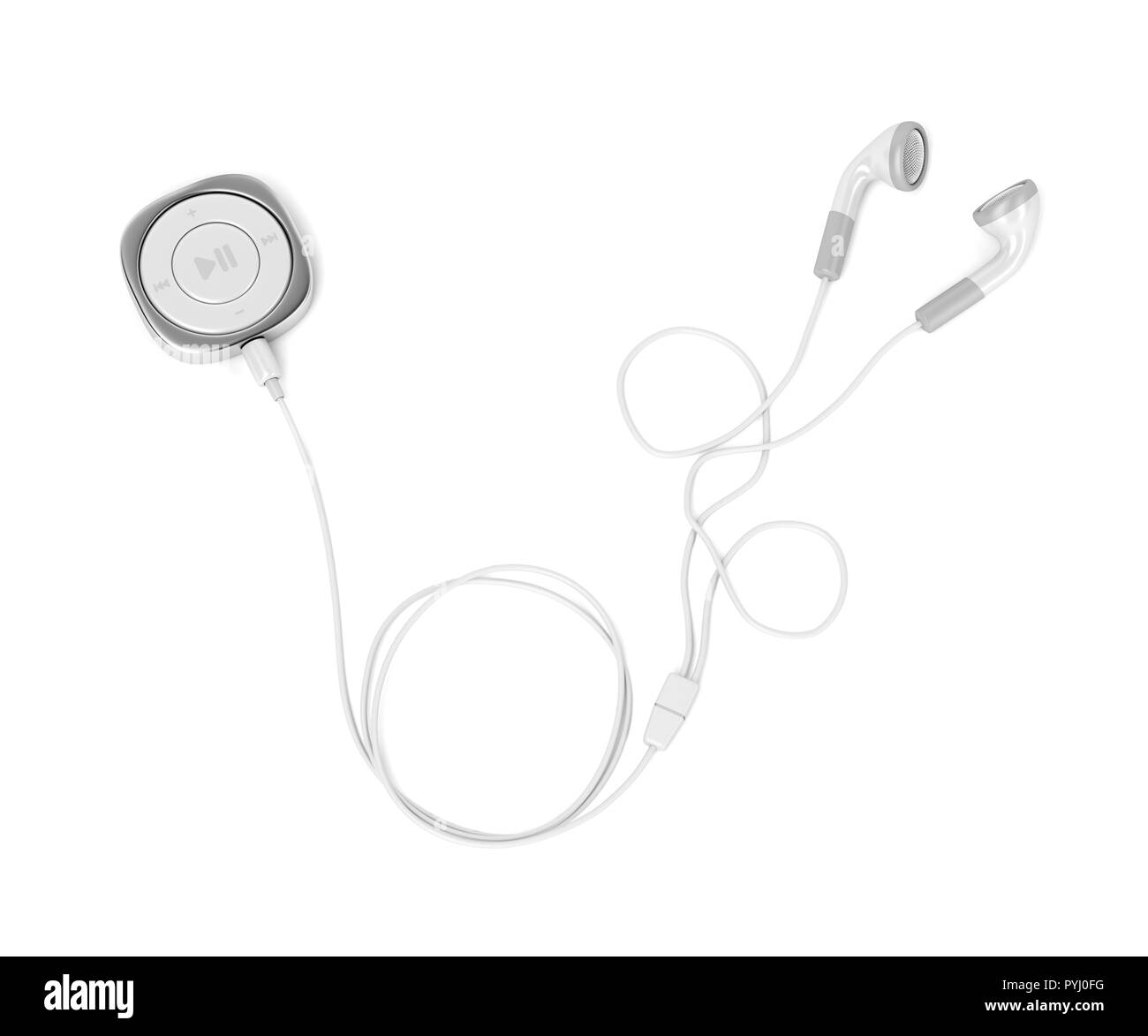 Silver music player and wired earphones on white background Stock Photo ...