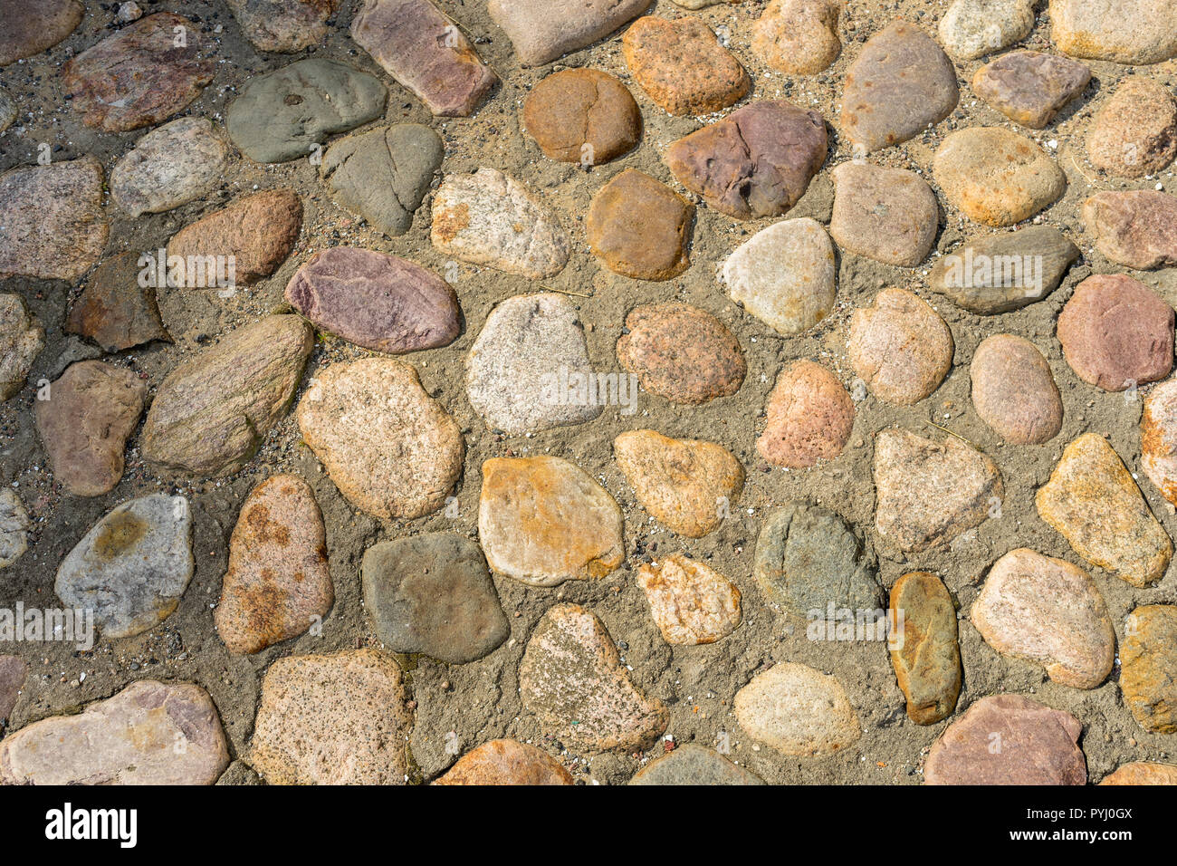 Texture of multi-colored smooth stones connected by concrete Stock ...