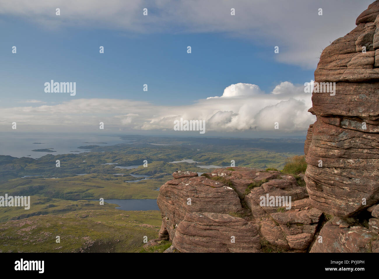High view over Assynt, Scotland from ridge on Stac Pollaidh mountain ...