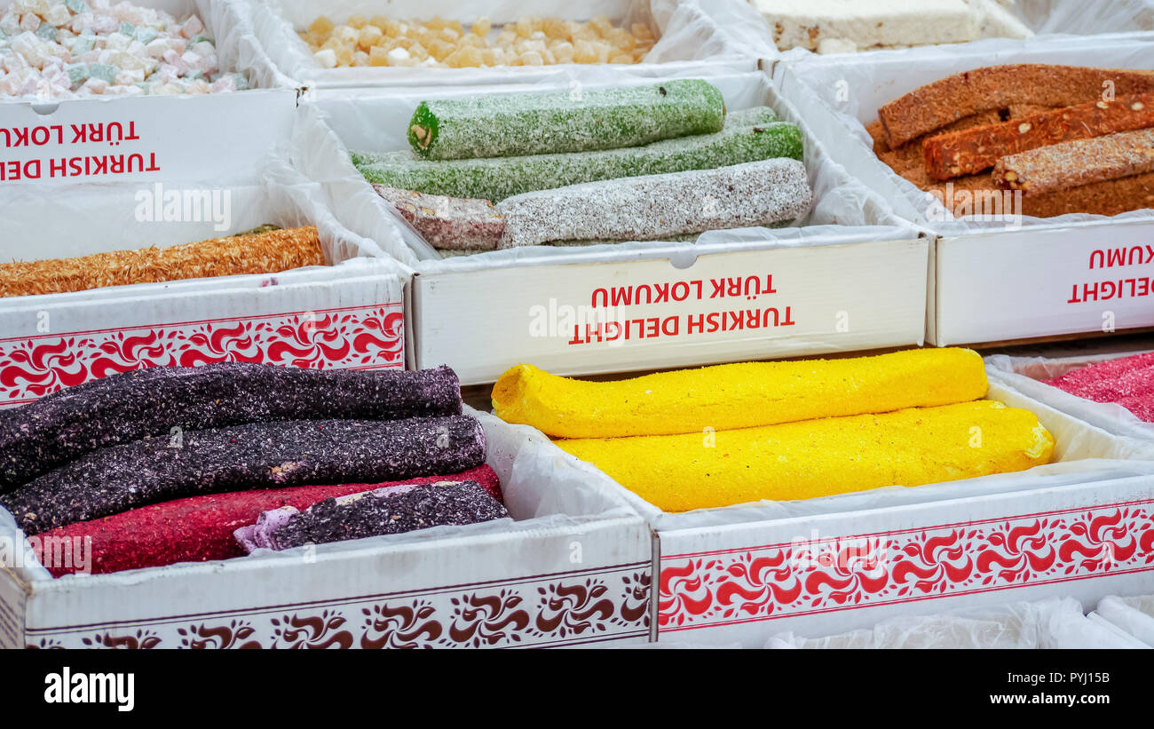 Turkish Delight in Boxes to be sold on Turkey Market Stock Photo - Alamy