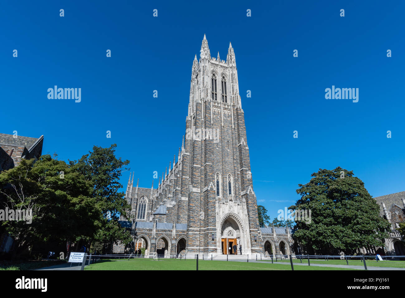 Front view of the Duke Chapel tower in early fall, Durham, North ...