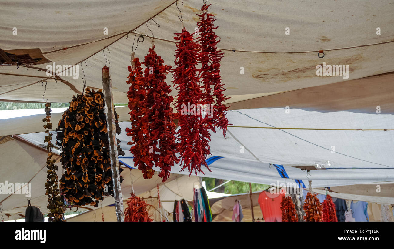 Chilli, Cinnamon and Tomatoes on Strings above Turkish Market Stall ...