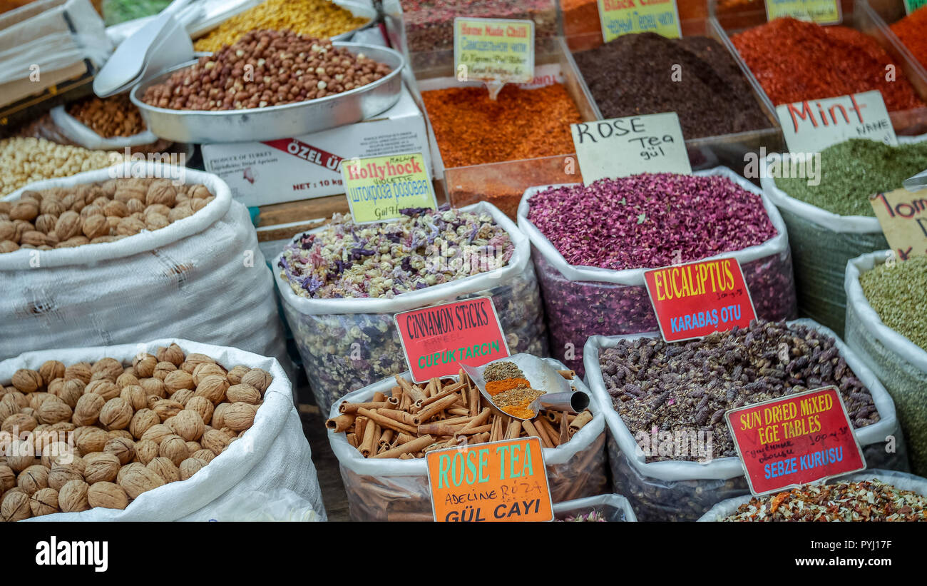 Spices and Herbs for sale on market in Turkey Stock Photo - Alamy