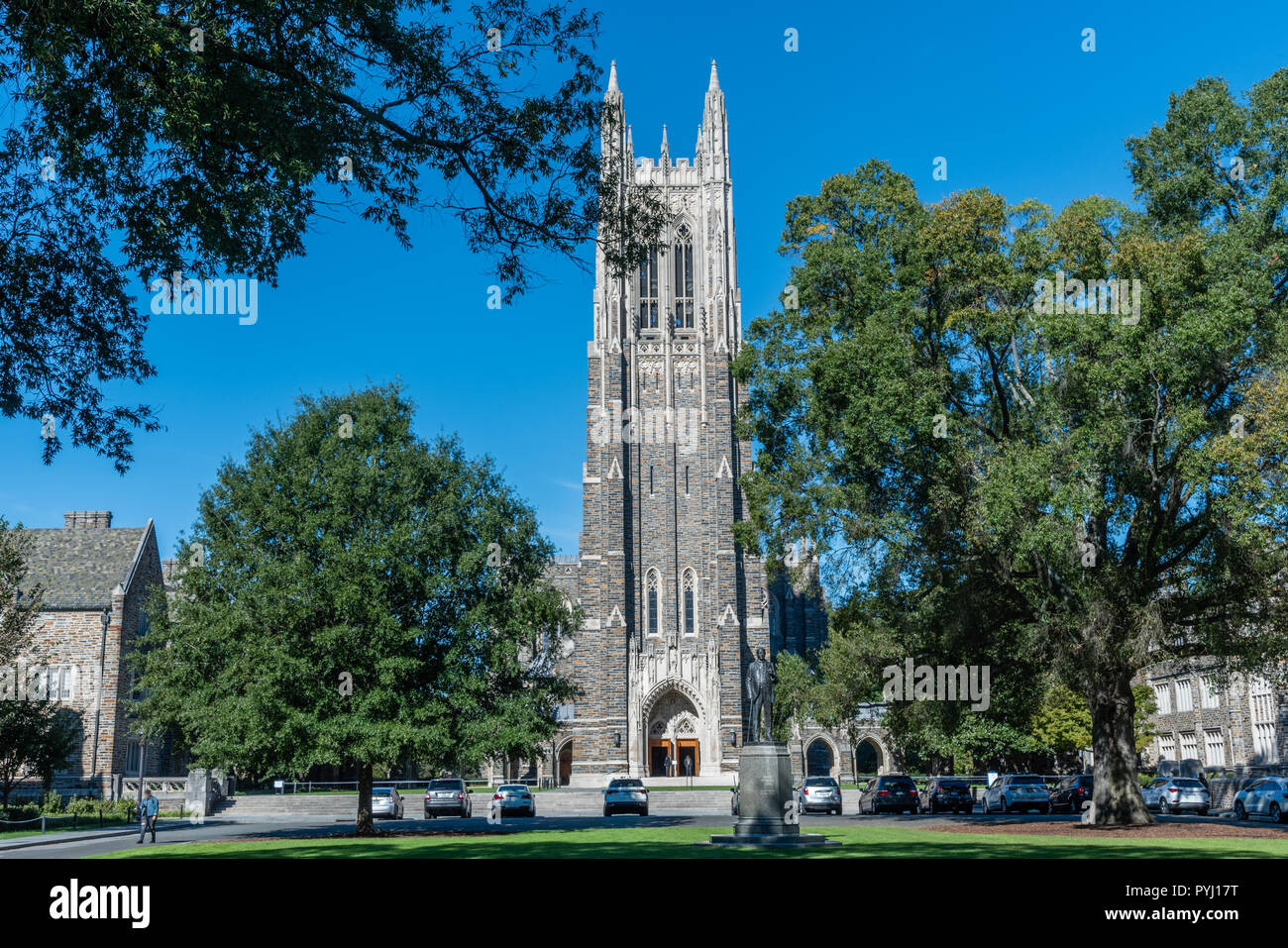 Front view of the Duke Chapel tower in early fall, Durham, North ...