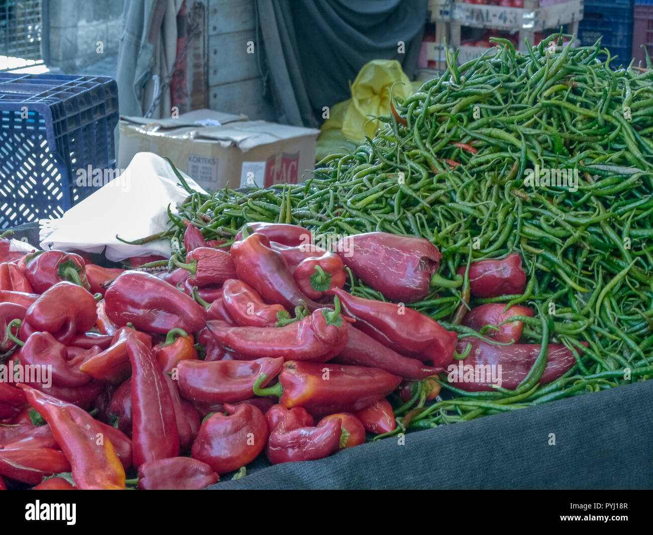 Red Peppers and Green Chillies on Turkish Market Stall Stock Photo - Alamy