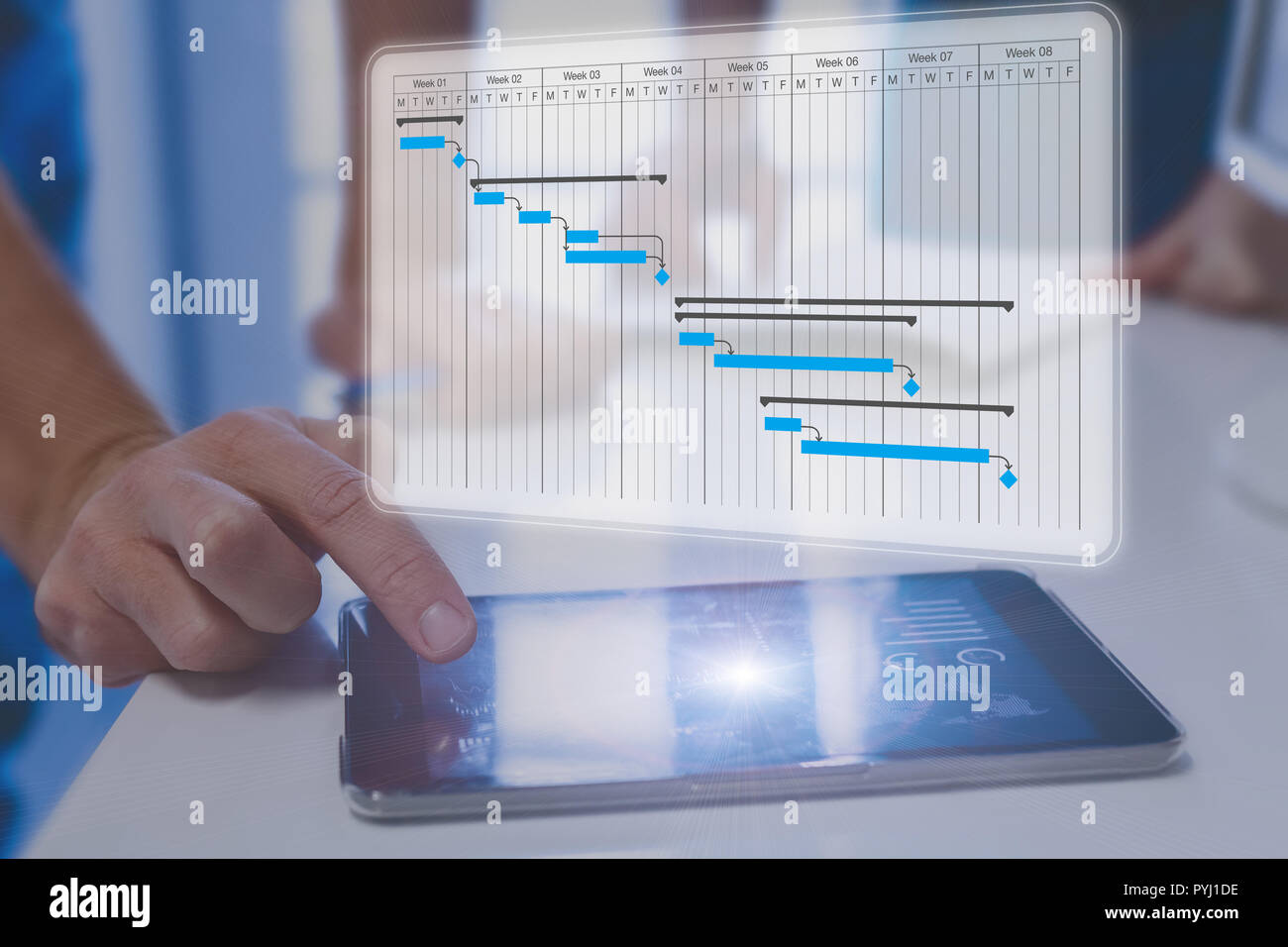 Project manager using Gantt chart schedule to discuss tasks, milestones ...