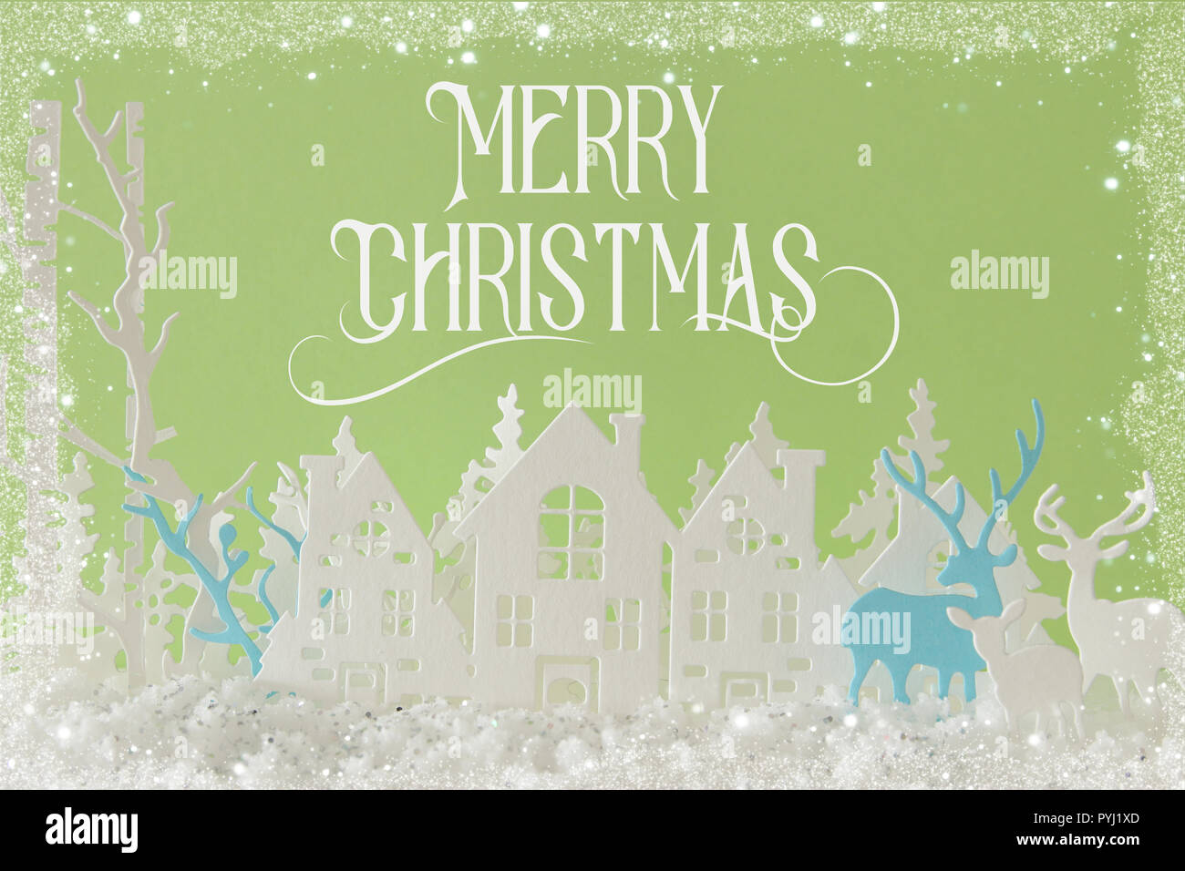 Magical Christmas paper cut winter background landscape with houses ...