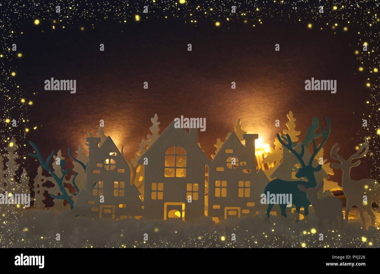 Magical Christmas paper cut winter background landscape with houses ...