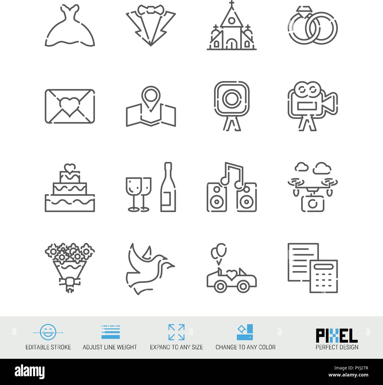 Vector Line Icons Wedding Related Set. Marriage Linear Symbols ...