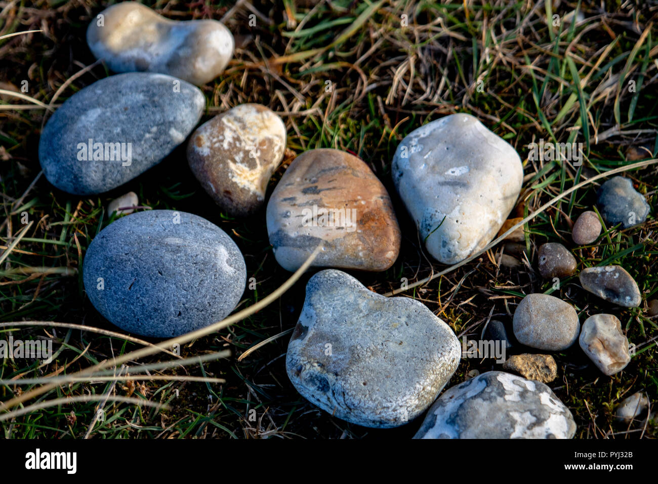 Pebble arrangement on grass Stock Photo - Alamy