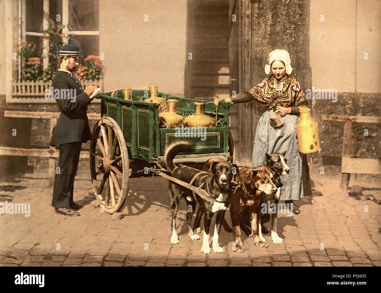 Flemish milk woman, Antwerp, Belgium ca. 1890-1900 being given a ticket ...