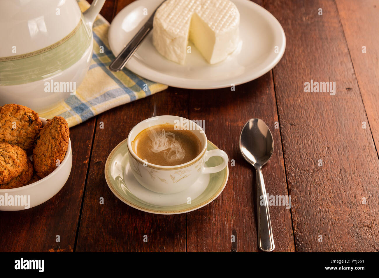 Breakfast table with Italian bread and cheese Stock Photo - Alamy