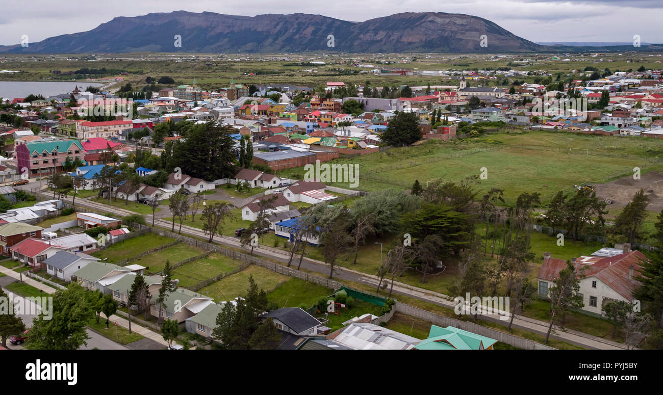 Aerial view of the city of Puerto Natales, part of the Austral highway ...