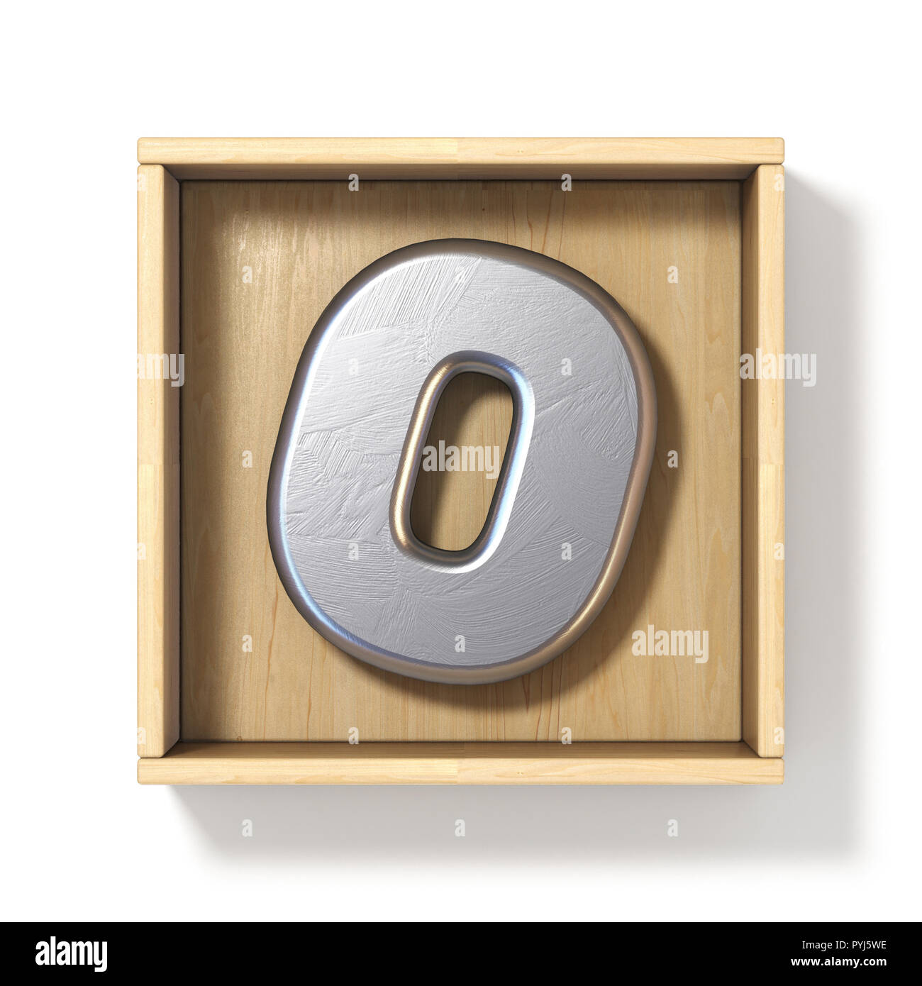 Silver metal number 0 ZERO in wooden box 3D render illustration ...