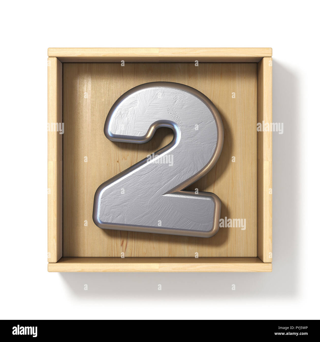 Silver metal number 2 TWO in wooden box 3D render illustration isolated ...