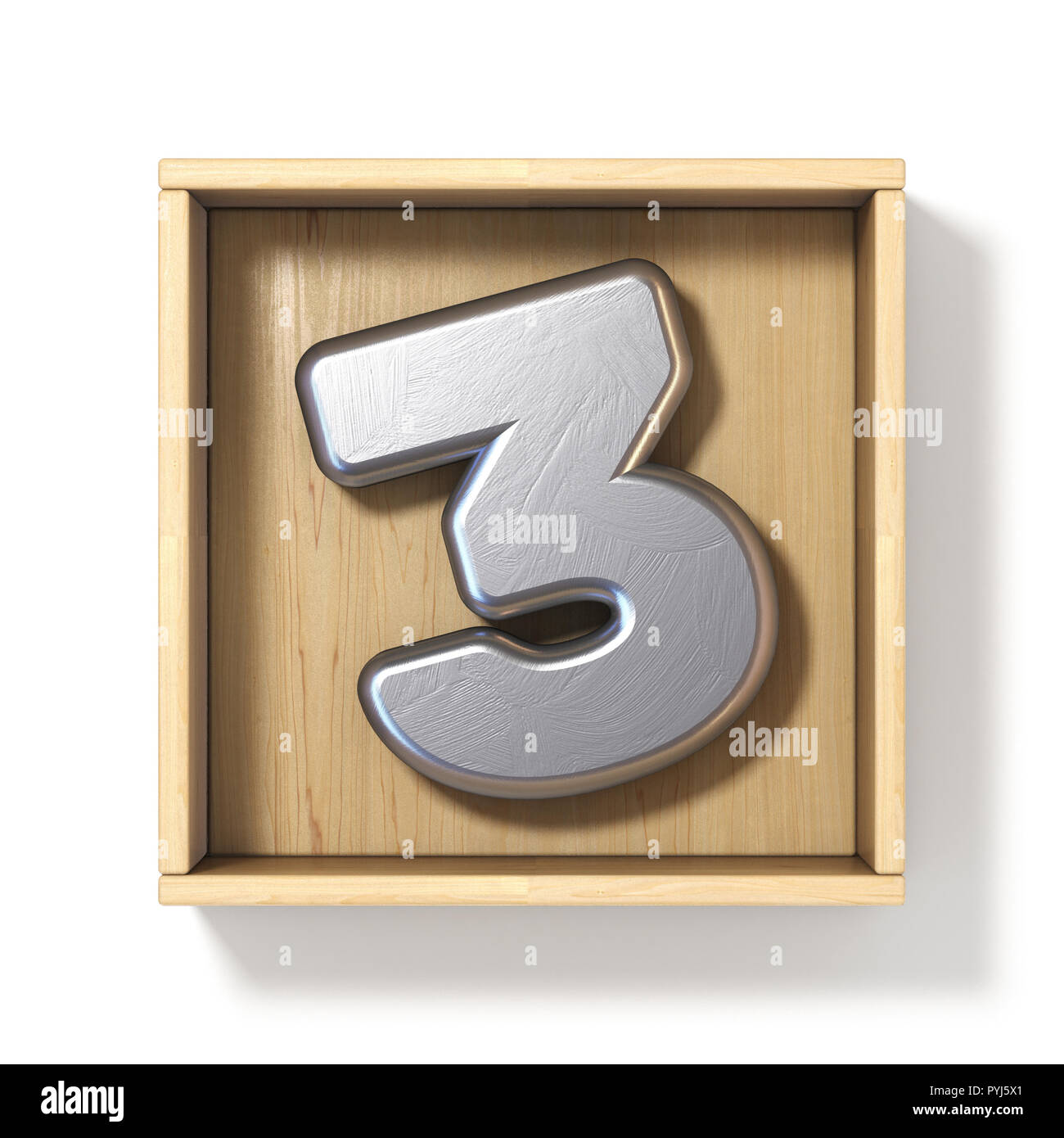 Silver metal number 3 THREE in wooden box 3D render illustration ...