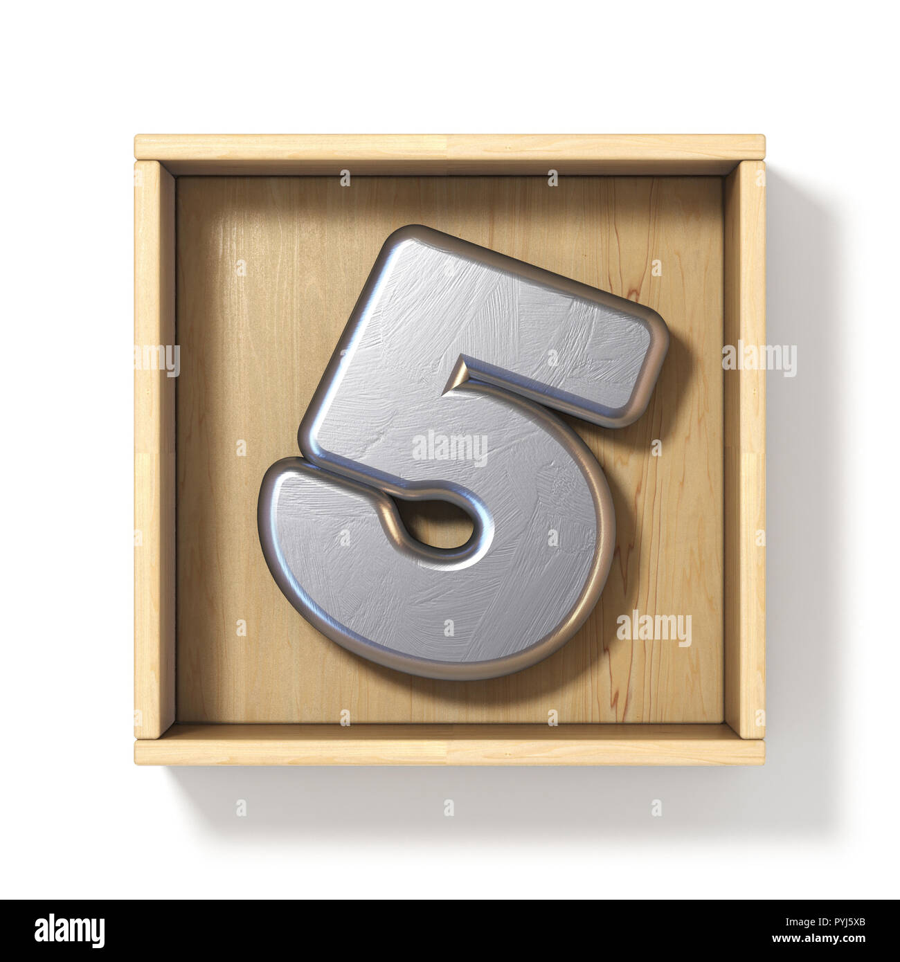 Silver metal number 5 FIVE in wooden box 3D render illustration ...
