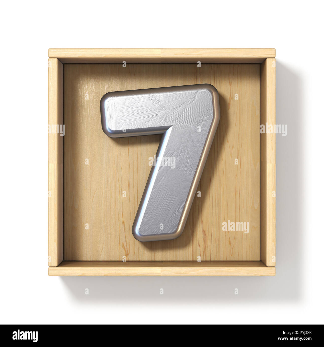Silver metal number 7 SEVEN in wooden box 3D render illustration ...