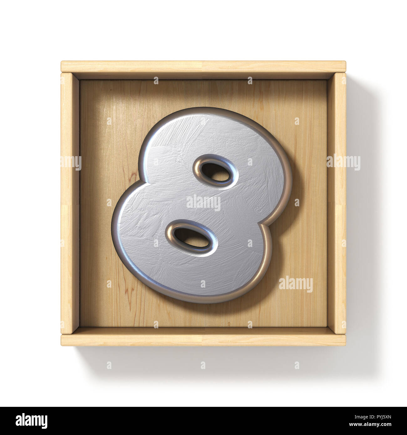 Silver metal number 8 EIGHT in wooden box 3D render illustration ...