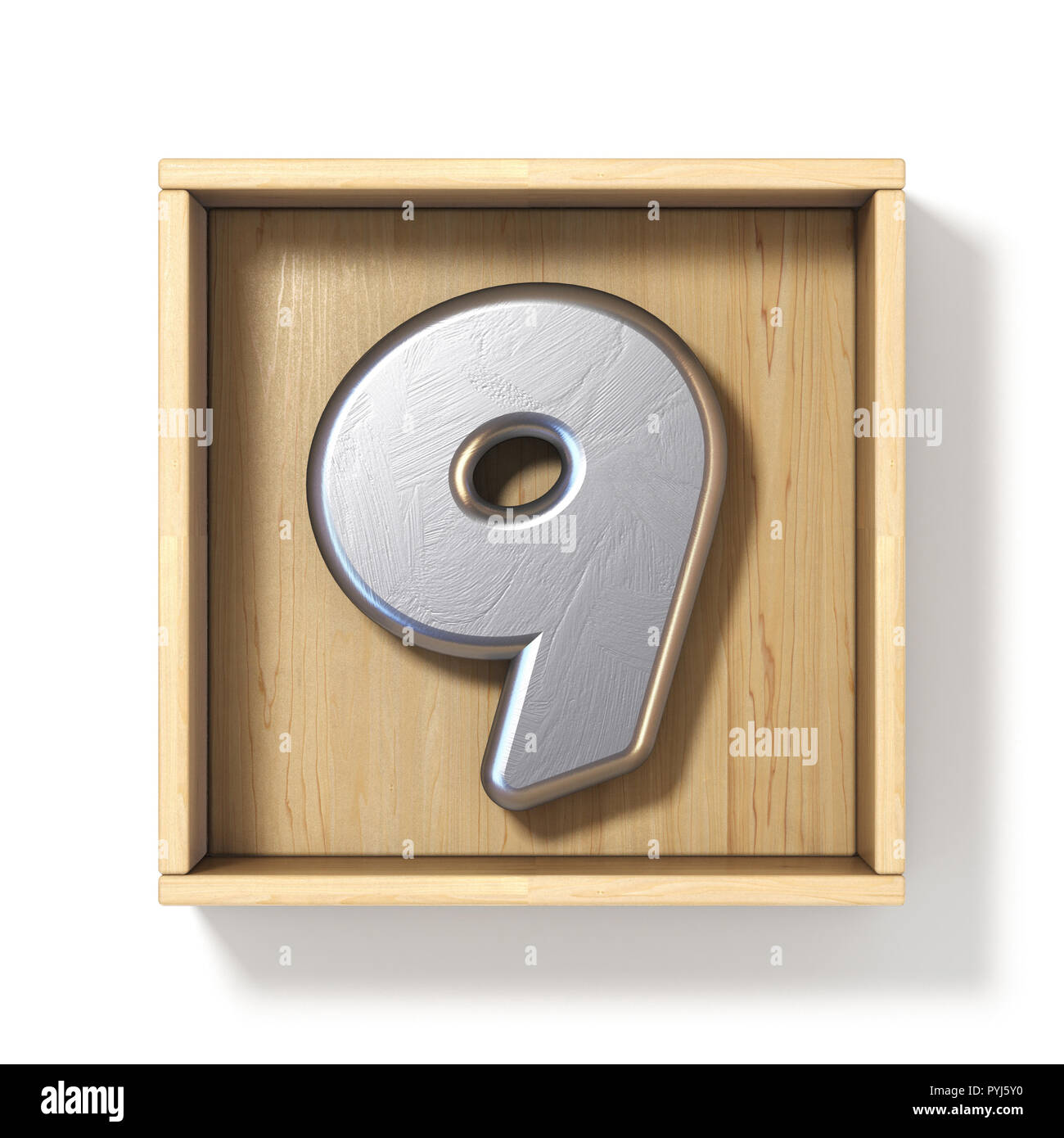 Silver metal number 9 NINE in wooden box 3D render illustration ...