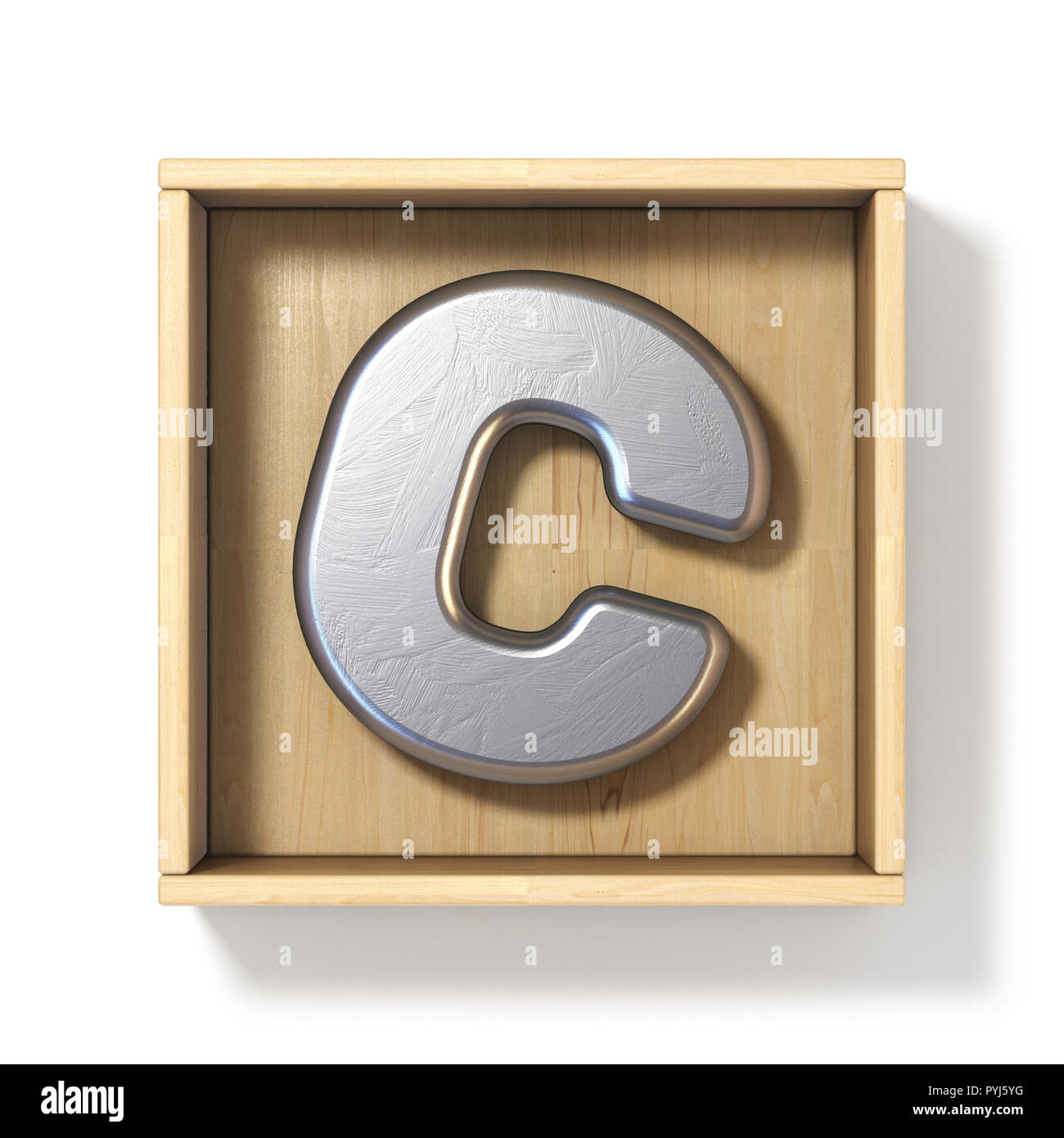 Silver metal letter C in wooden box 3D render illustration isolated on ...