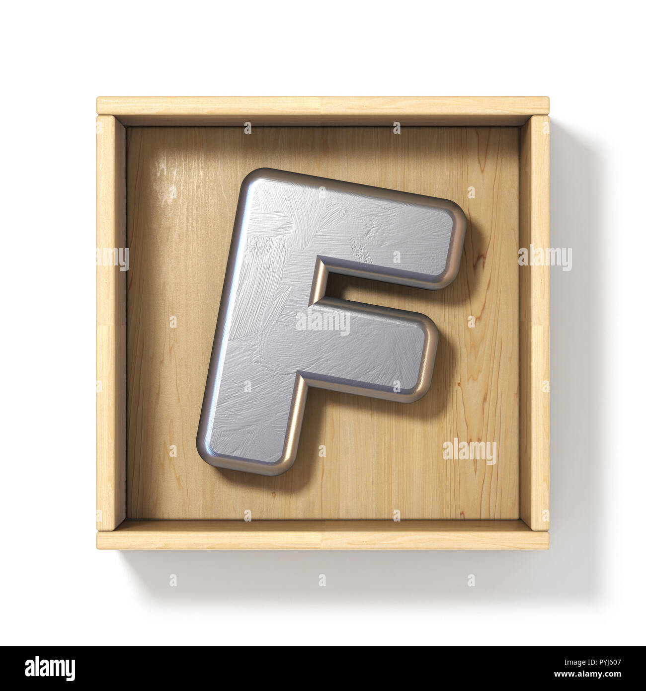 Silver metal letter F in wooden box 3D render illustration isolated on ...