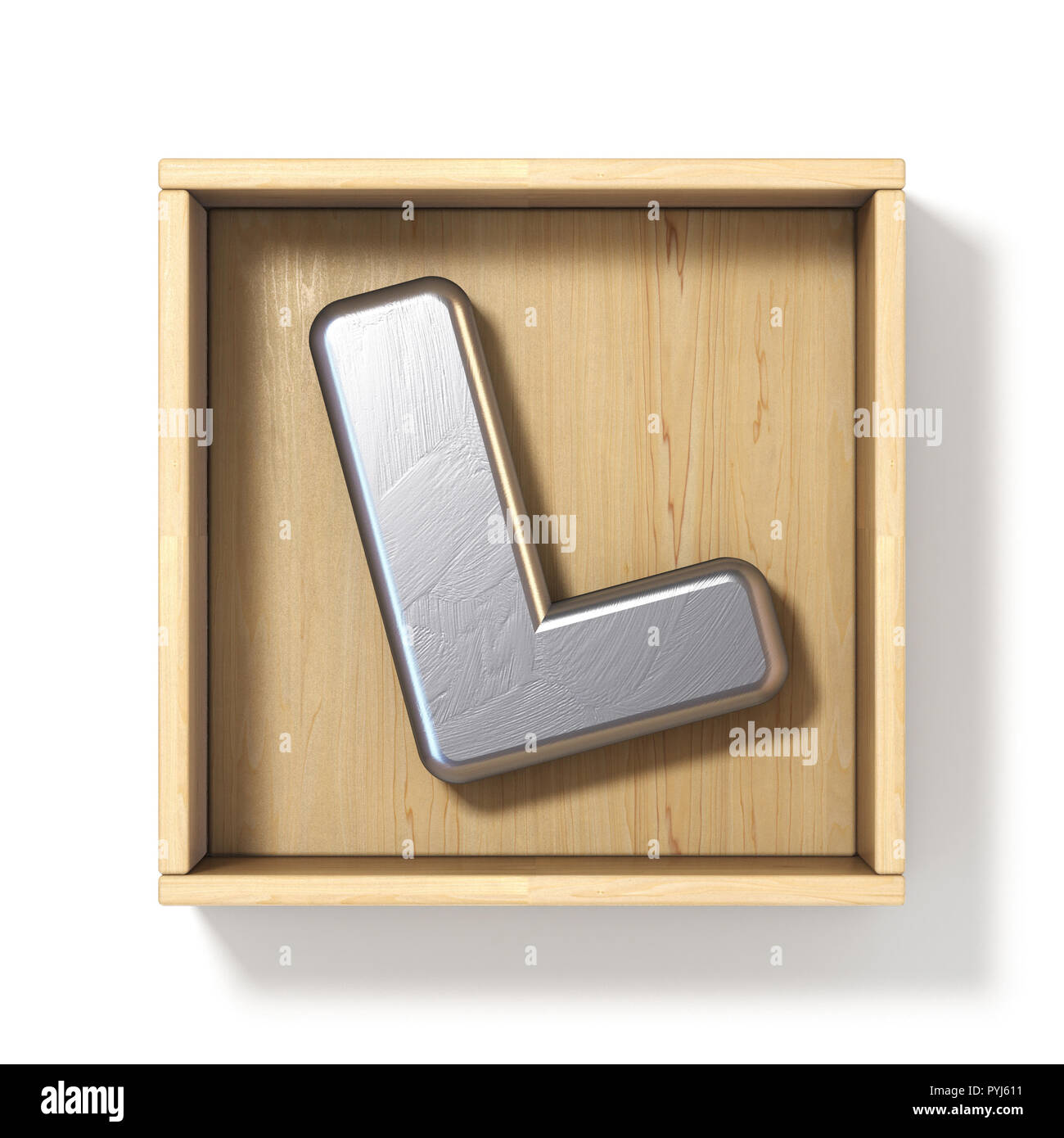 Silver metal letter L in wooden box 3D render illustration isolated on ...
