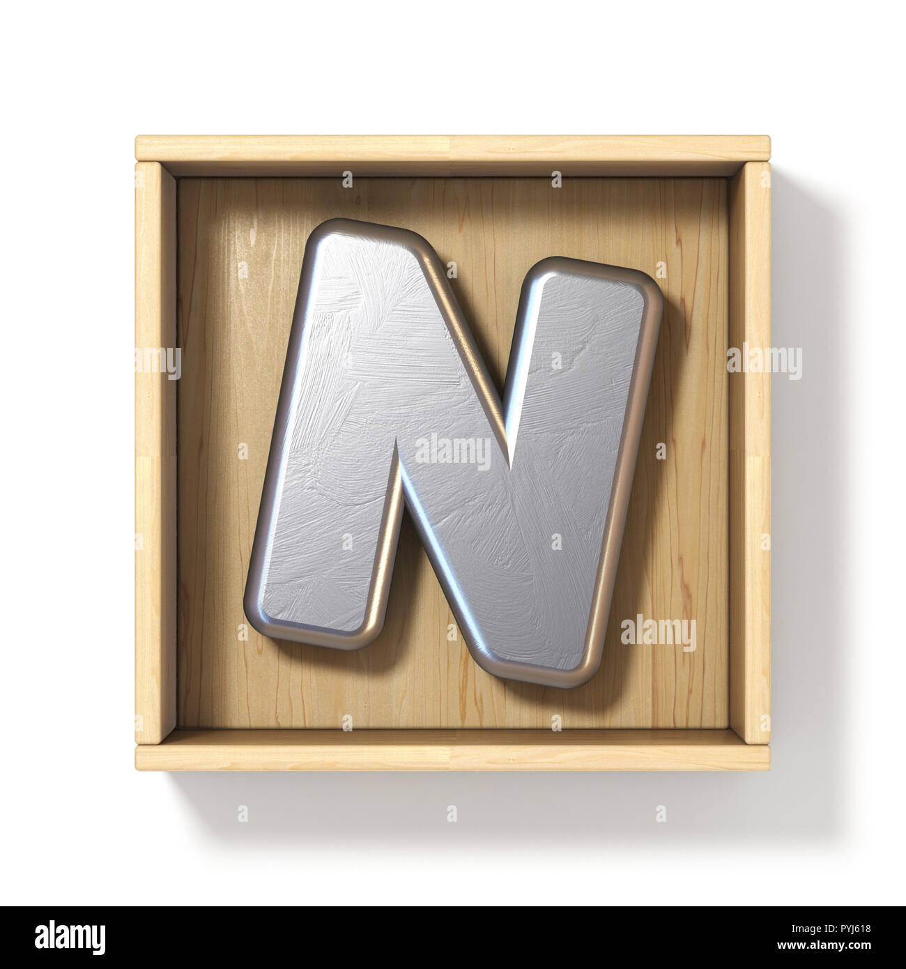 Silver metal letter N in wooden box 3D render illustration isolated on ...