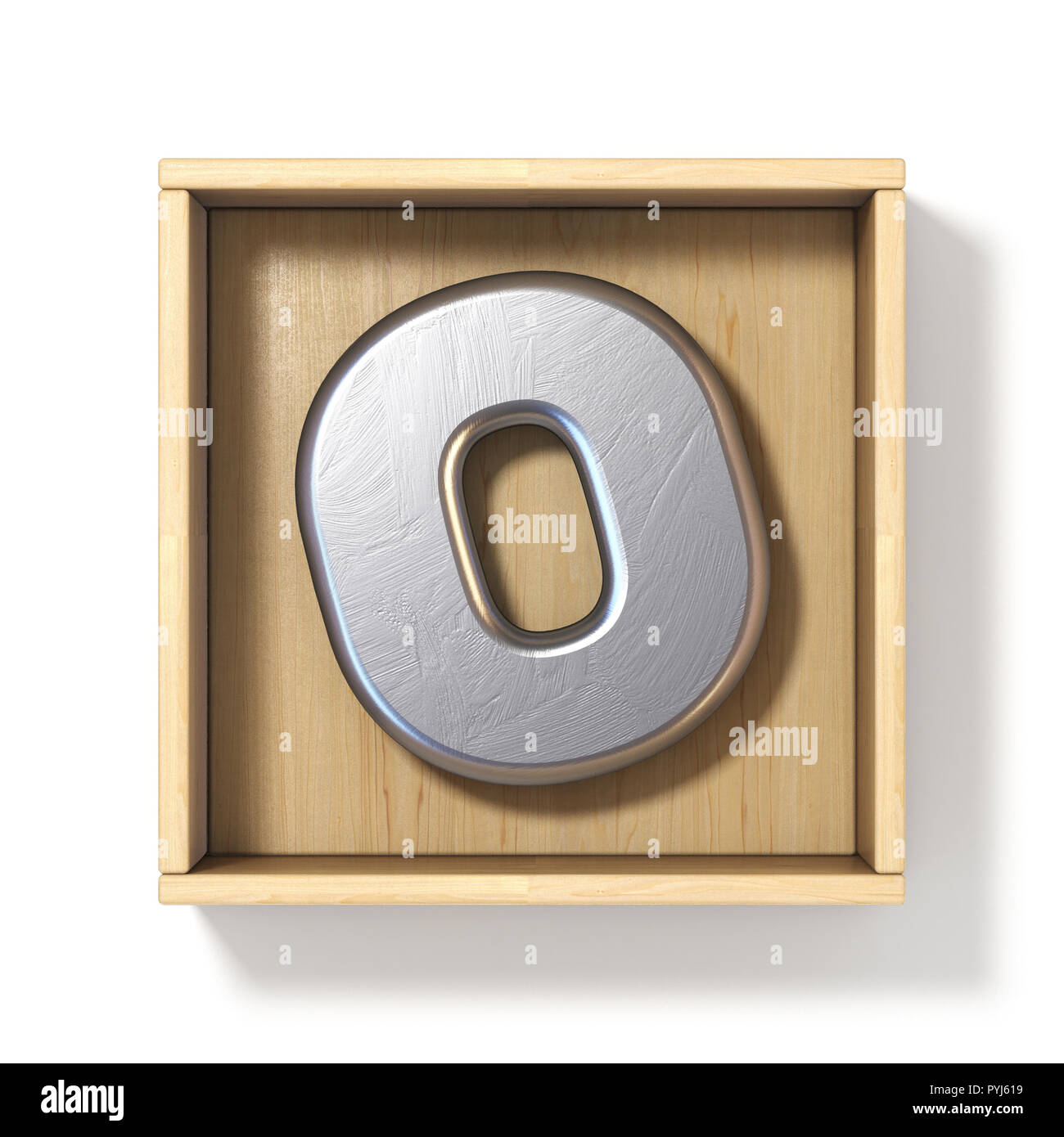 Silver metal letter O in wooden box 3D render illustration isolated on ...