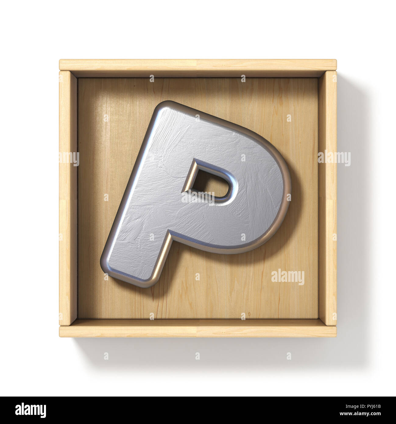 Silver metal letter P in wooden box 3D render illustration isolated on ...