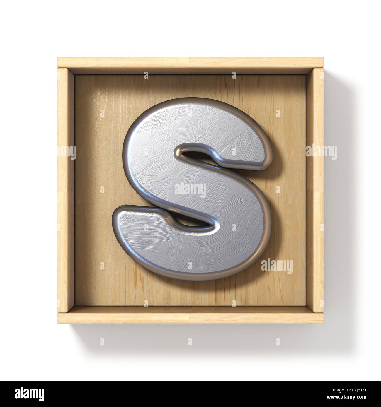Silver metal letter S in wooden box 3D render illustration isolated on ...