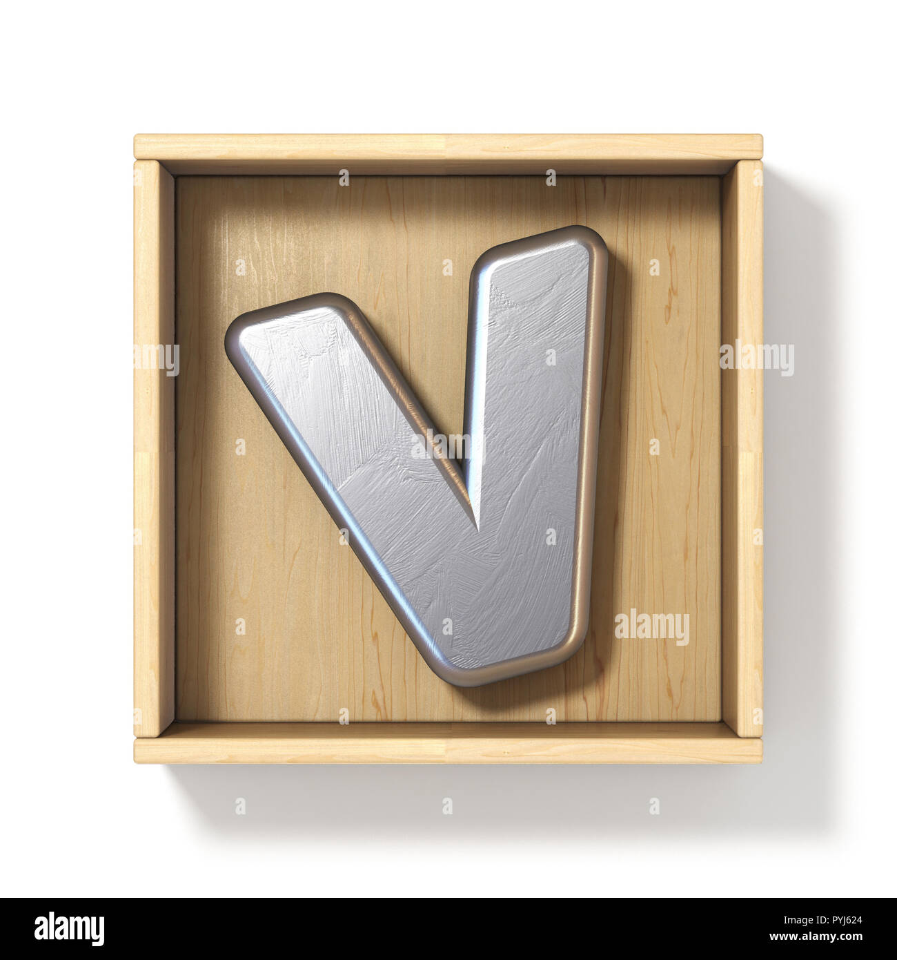 Silver metal letter V in wooden box 3D render illustration isolated on ...