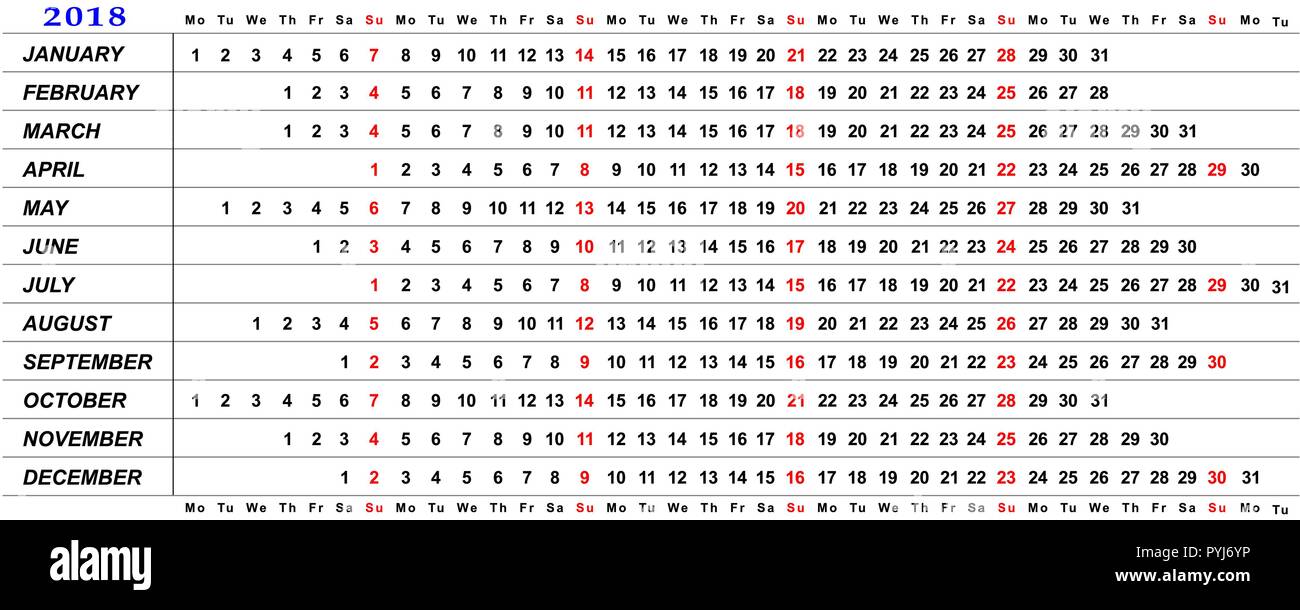 Simple calendar Layout for 2018 year, vector, illustration Stock Vector ...