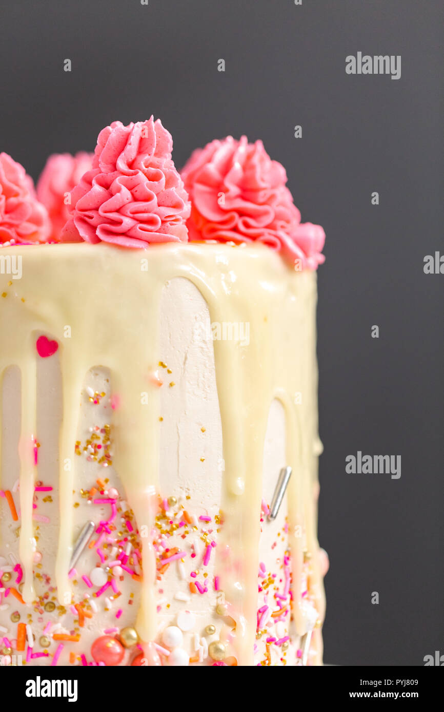 Pink and white buttercream cream cake with pink sprinkles and white ...