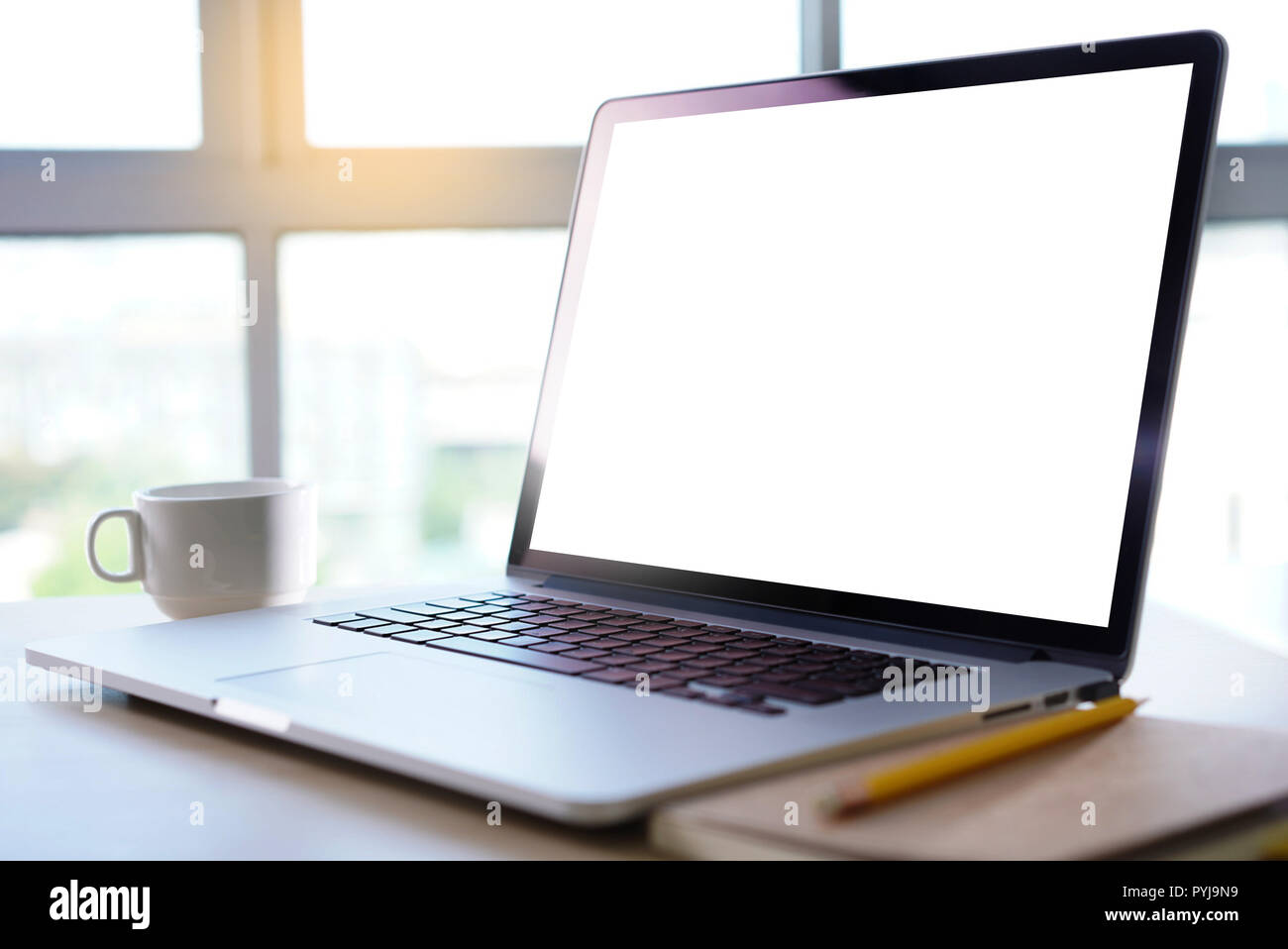 mock up Using laptop with blank screen computer modern Stock Photo - Alamy