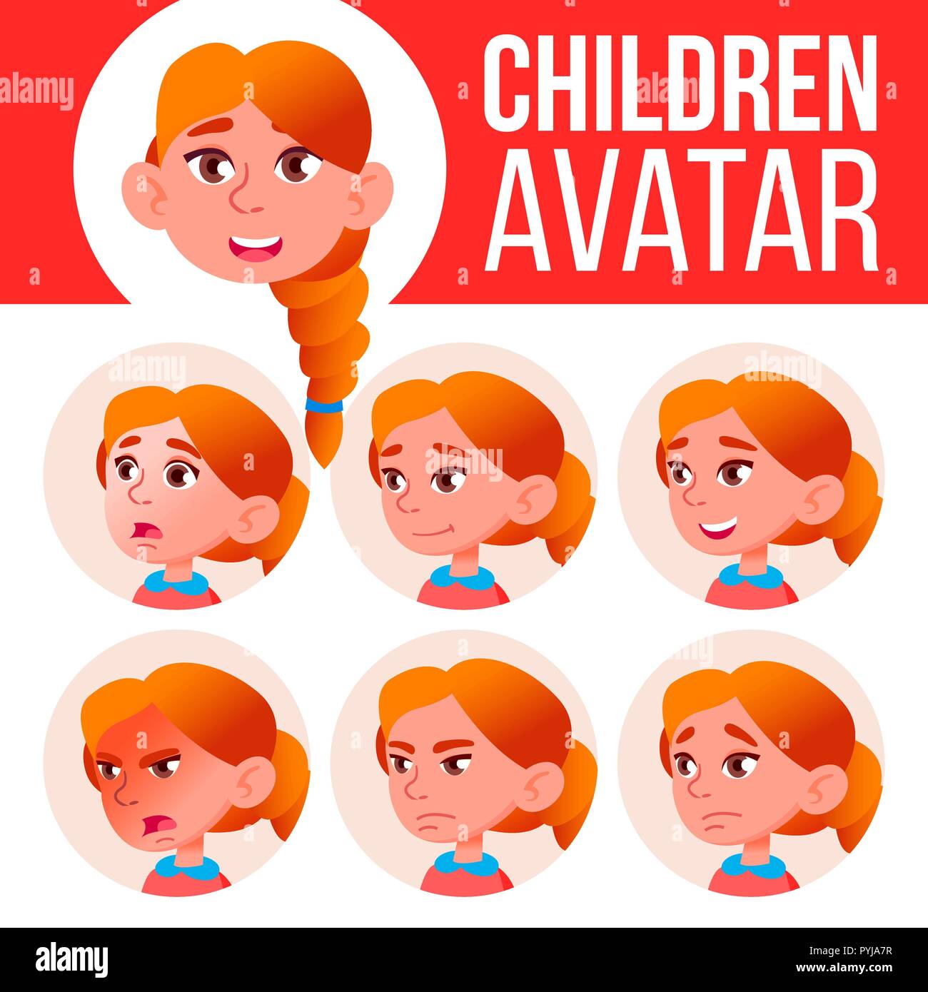 Girl Avatar Set Kid Vector. Redhead. High School. Face Emotions ...
