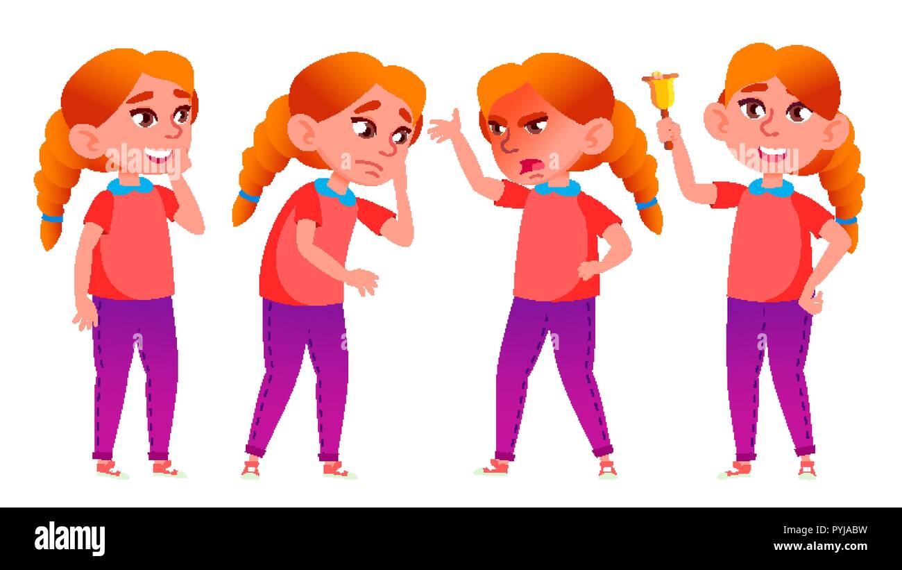 Girl Schoolgirl Kid Poses Set Vector. Redhead. High School Child ...