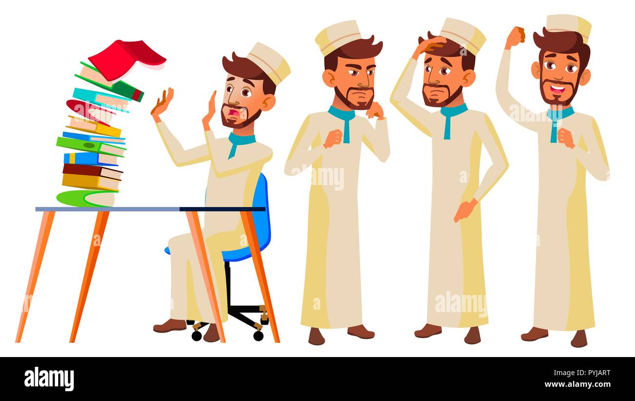 Teen Boy Poses Set Vector. Arab, Muslim. Caucasian, Positive. For ...