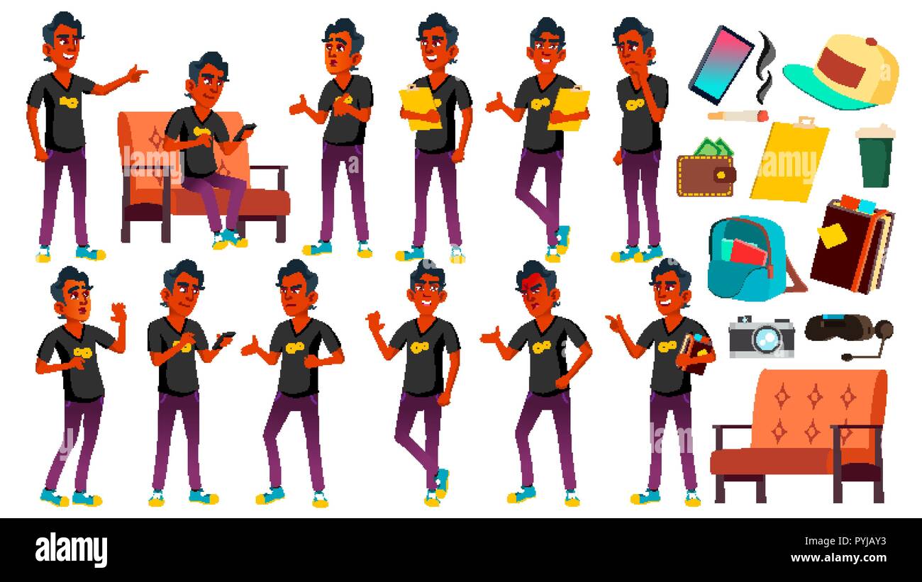 Teen Boy Poses Set Vector. Indian, Hindu. Asian. Friendly, Cheer. For ...