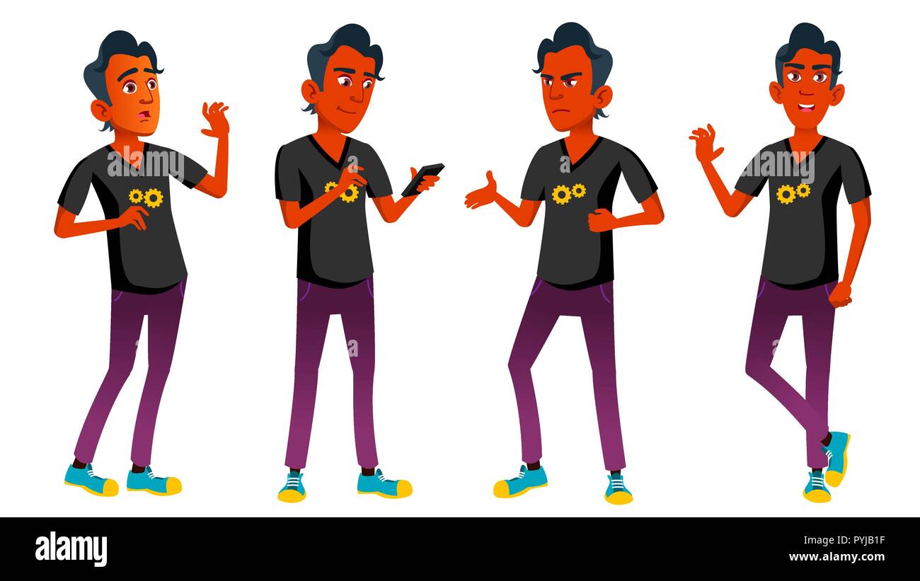 Teen Boy Poses Set Vector. Indian, Hindu. Asian. Emotional, Pose. For ...