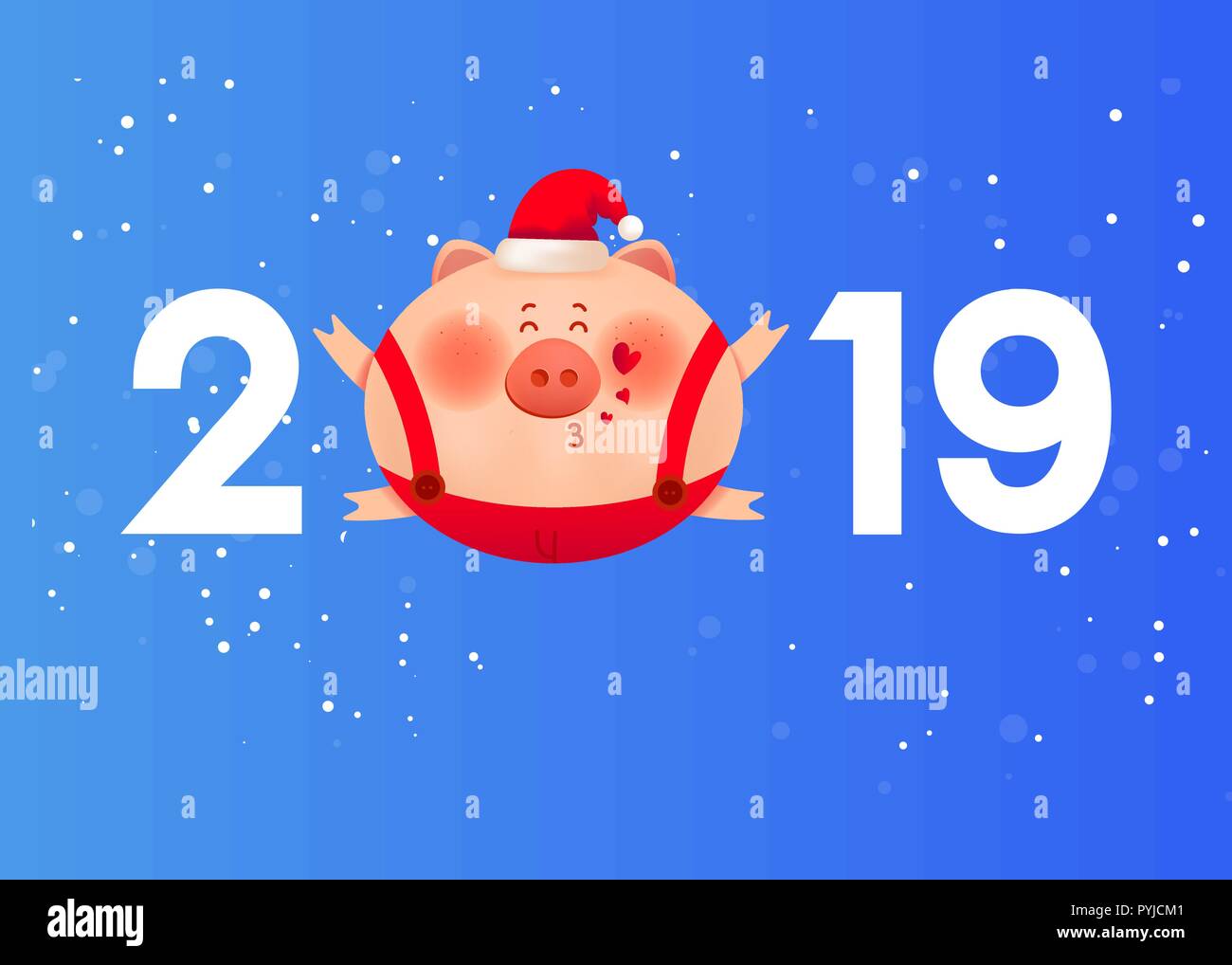 Santa pig with numbers 2019. Symbol of New year Xmas holiday. Flat ...