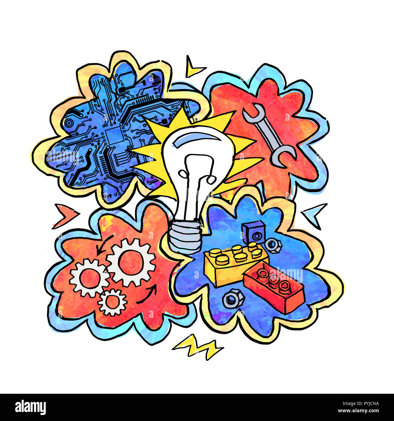 Collage in cartoon style on the theme of invention . Isolated ...