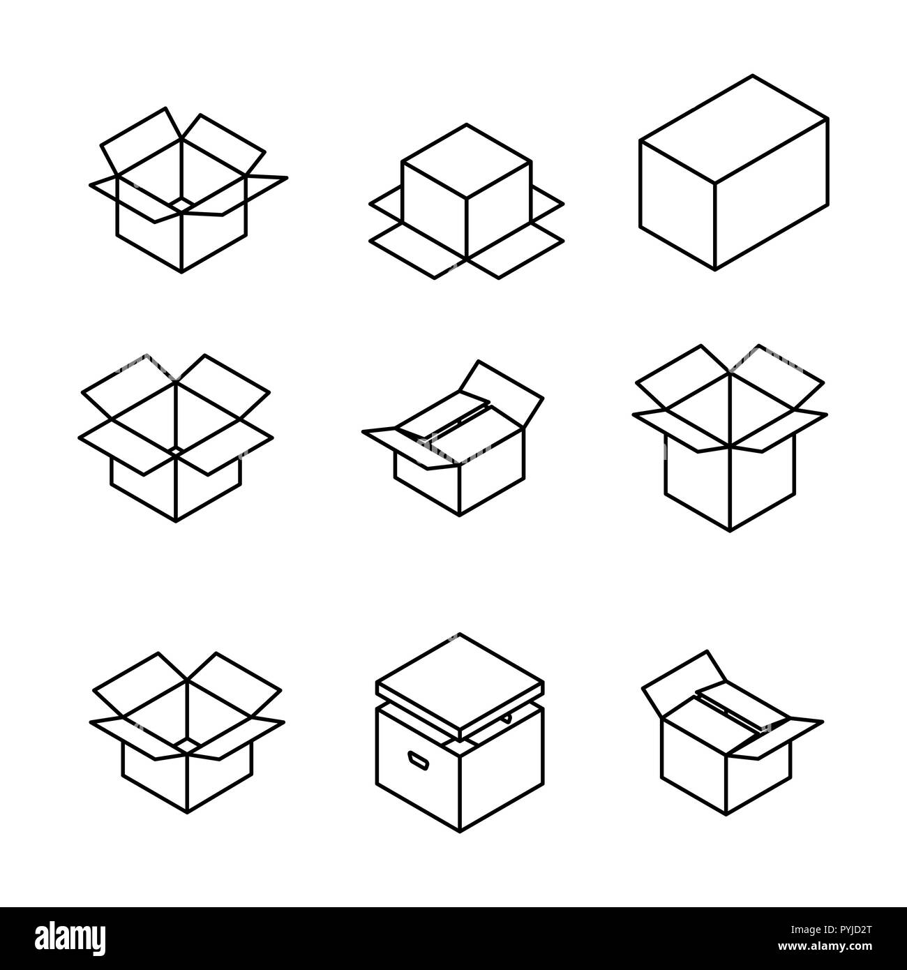 Set of different cardboard boxes from thin lines isolated on white ...