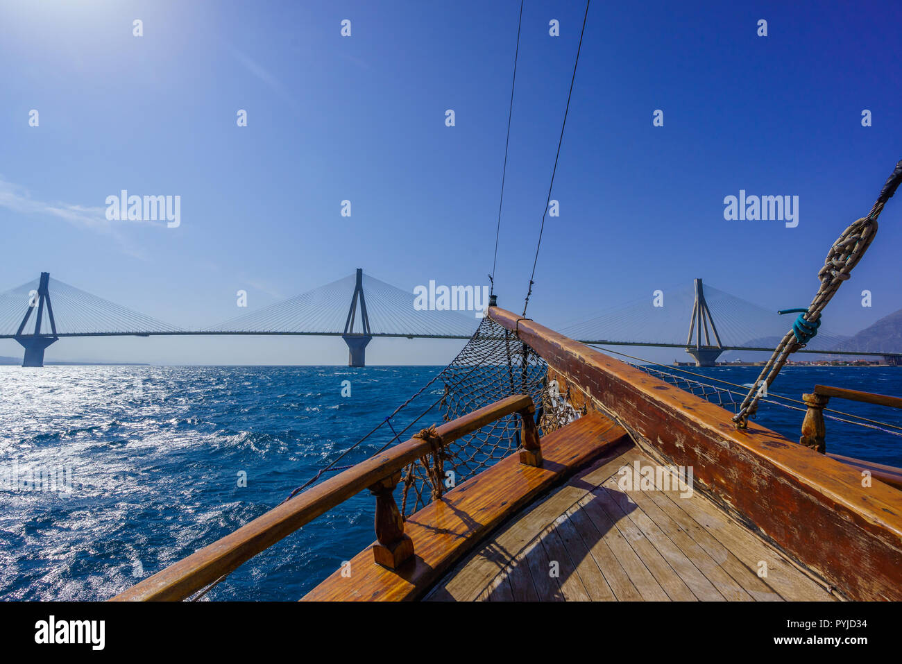 Old ship tackles. Old sailing ship vessel approching the Rio Antirio in ...