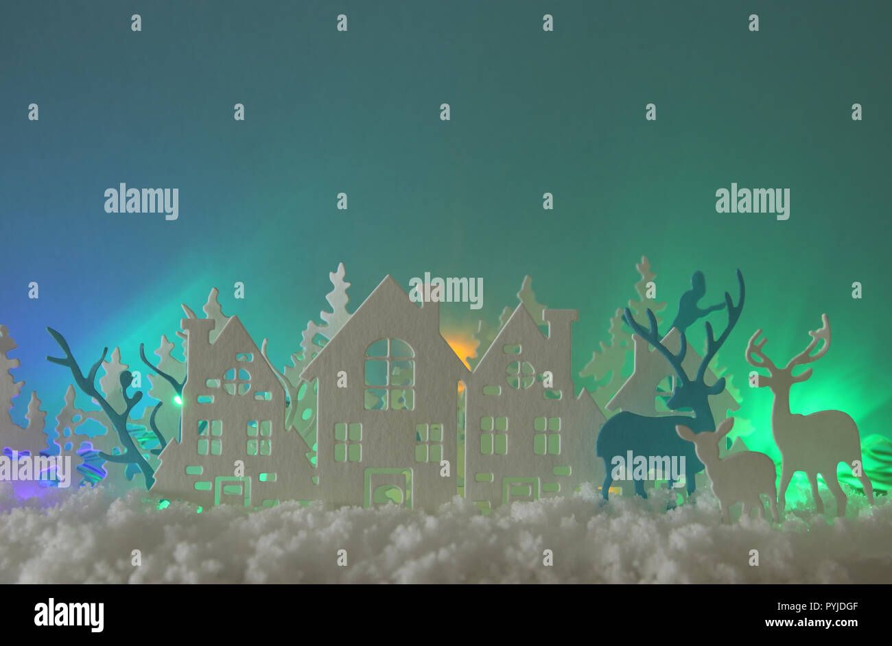 Magical Christmas paper cut winter background landscape with houses ...