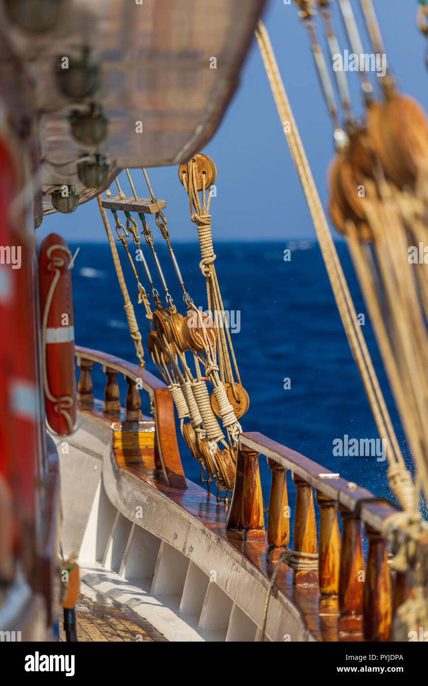 Old ship tackles. Old sailing ship vessel. Background Stock Photo - Alamy