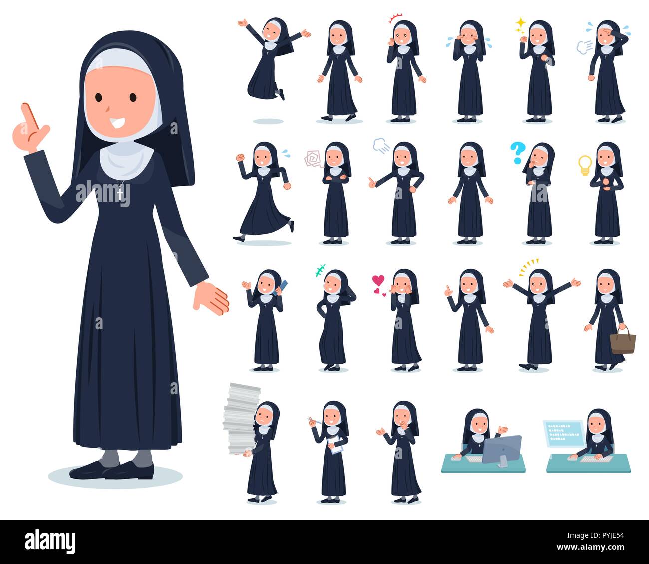 A set of Nun women with who express various emotions.There are actions ...
