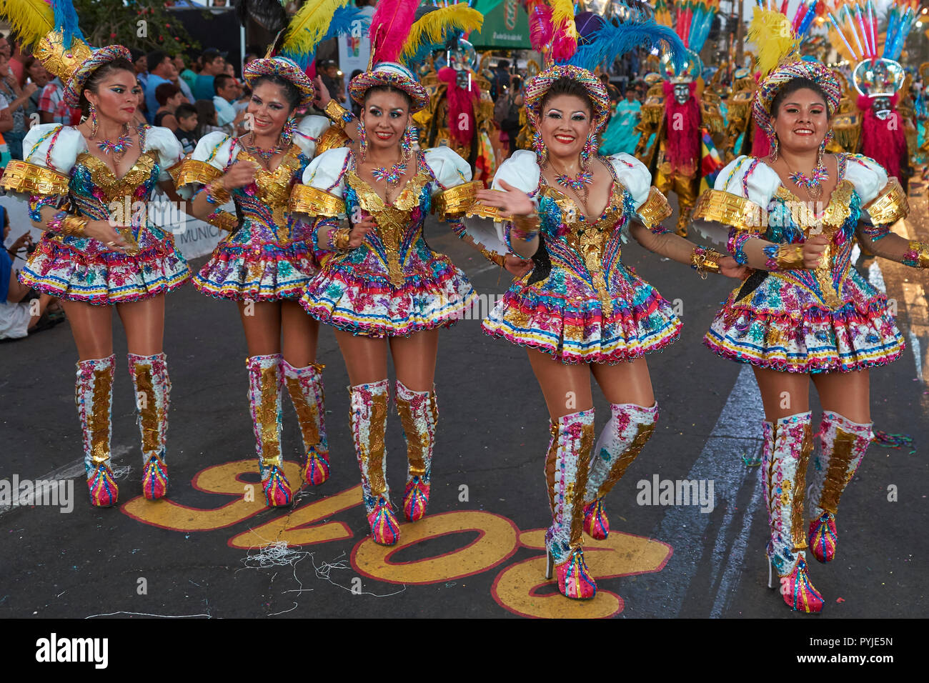 Morenada dancers in traditional Andean costume performing at the annual ...