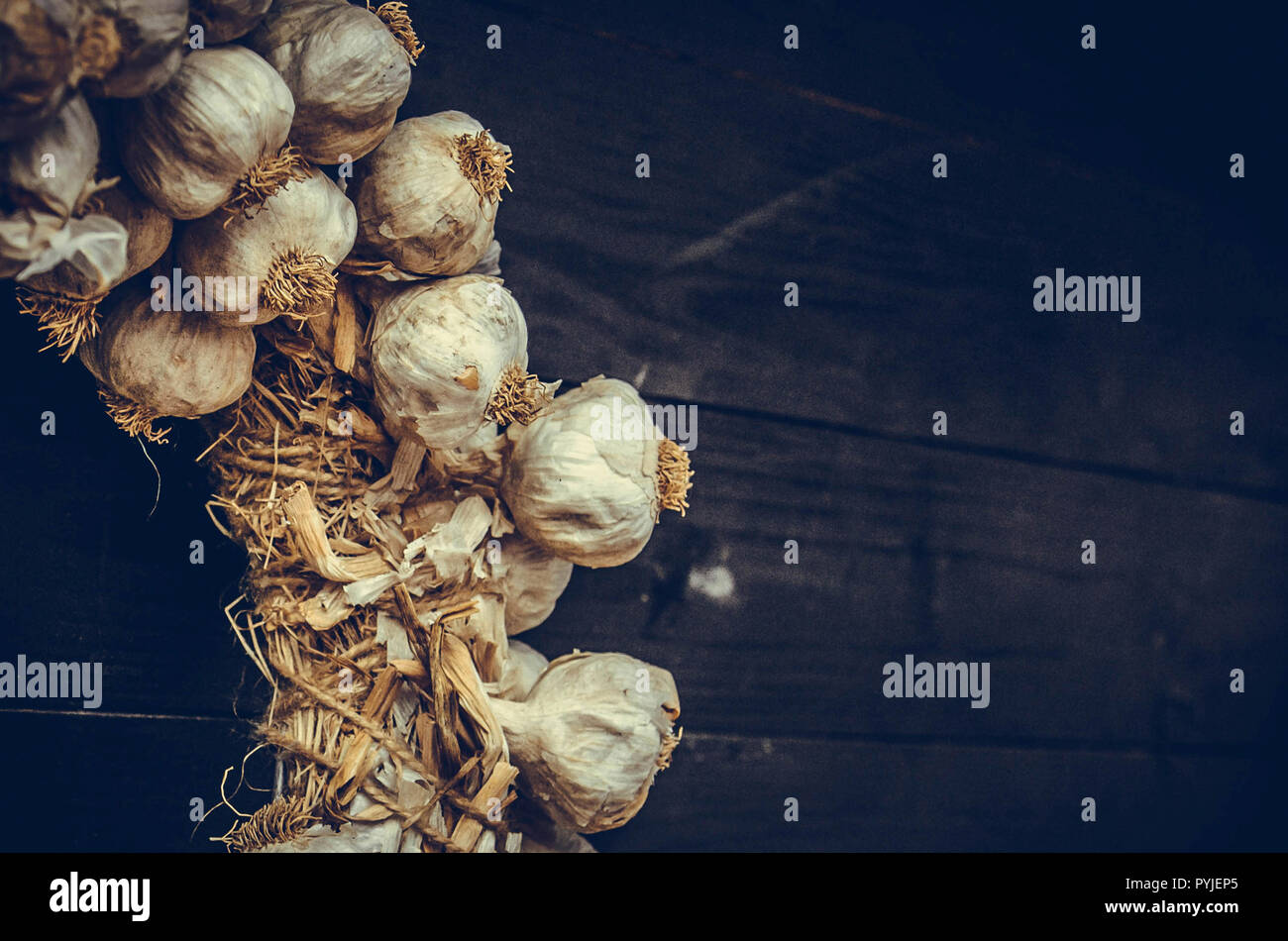 Garlic hanging on an old wooden fence. Harvest of garlic. Copy spaces ...